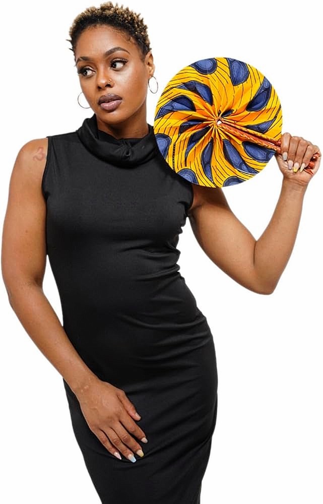 Khanita Foldable Ankara Fan - Orange & Blue Peacock Pattern – Dupsie's African Fashion