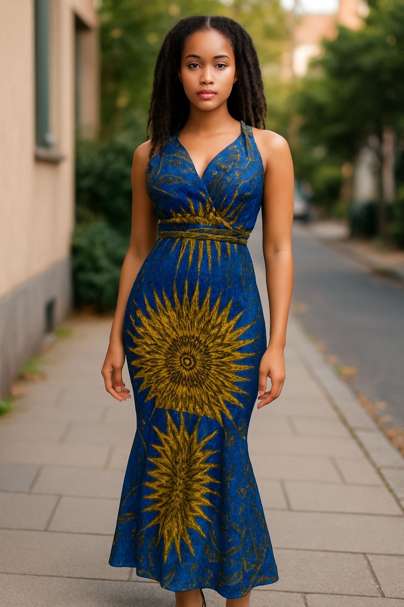 Dupsie's Abimbola Blue and Gold sunburst African print Ankara dress fo – Dupsie's African Fashion
