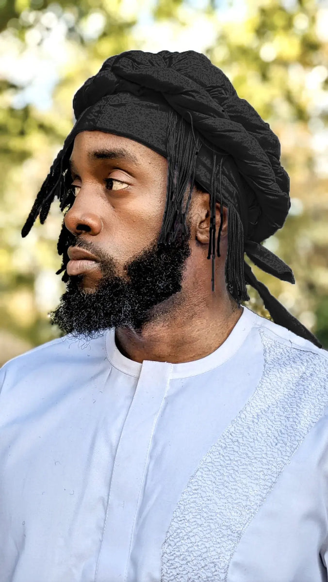 Dupsie's Chidubem pre-wrapped All-Black African turban hat with Fringe ...