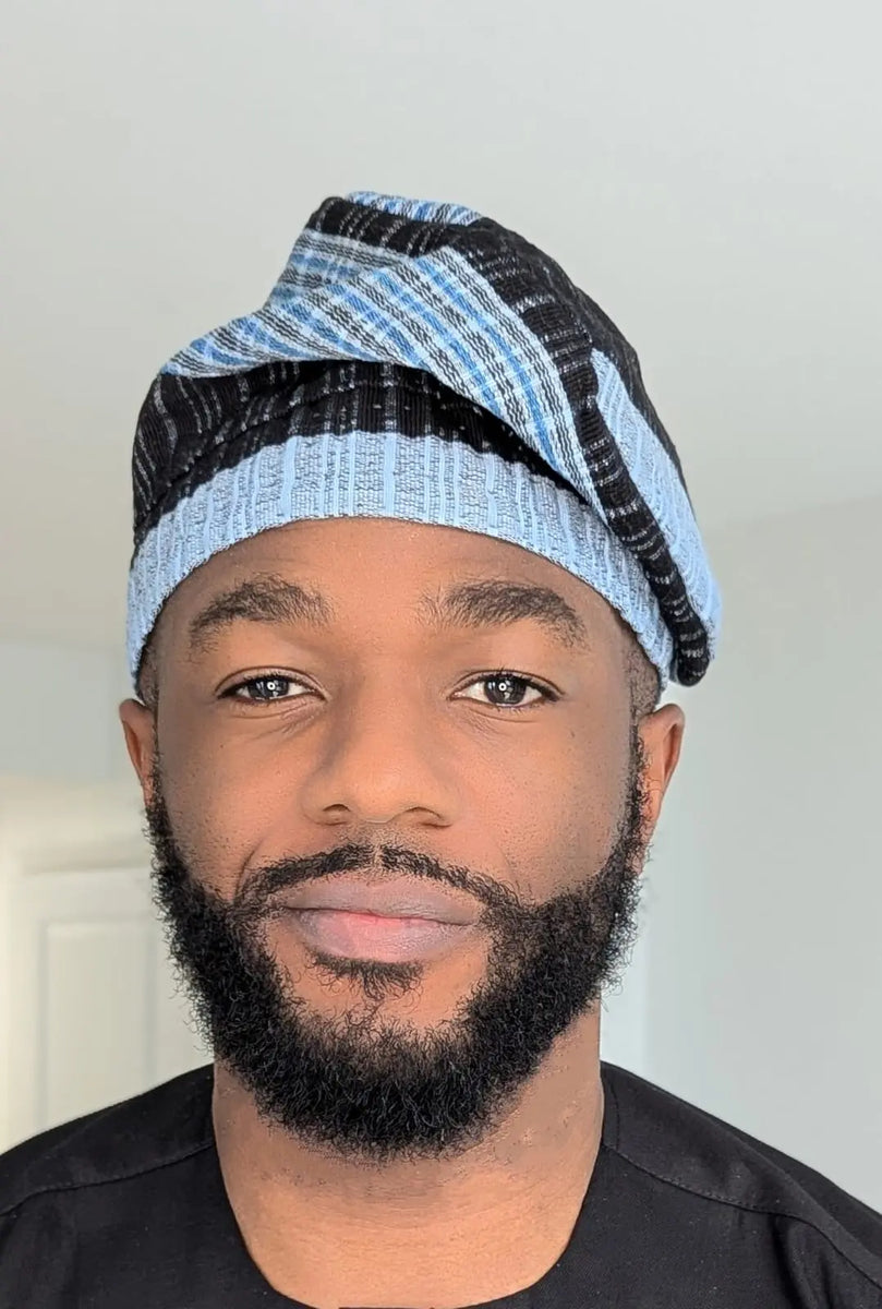 Dupsie's Alabere Light-Blue and Dark-Blue Striped African Aso Oke Fila ...