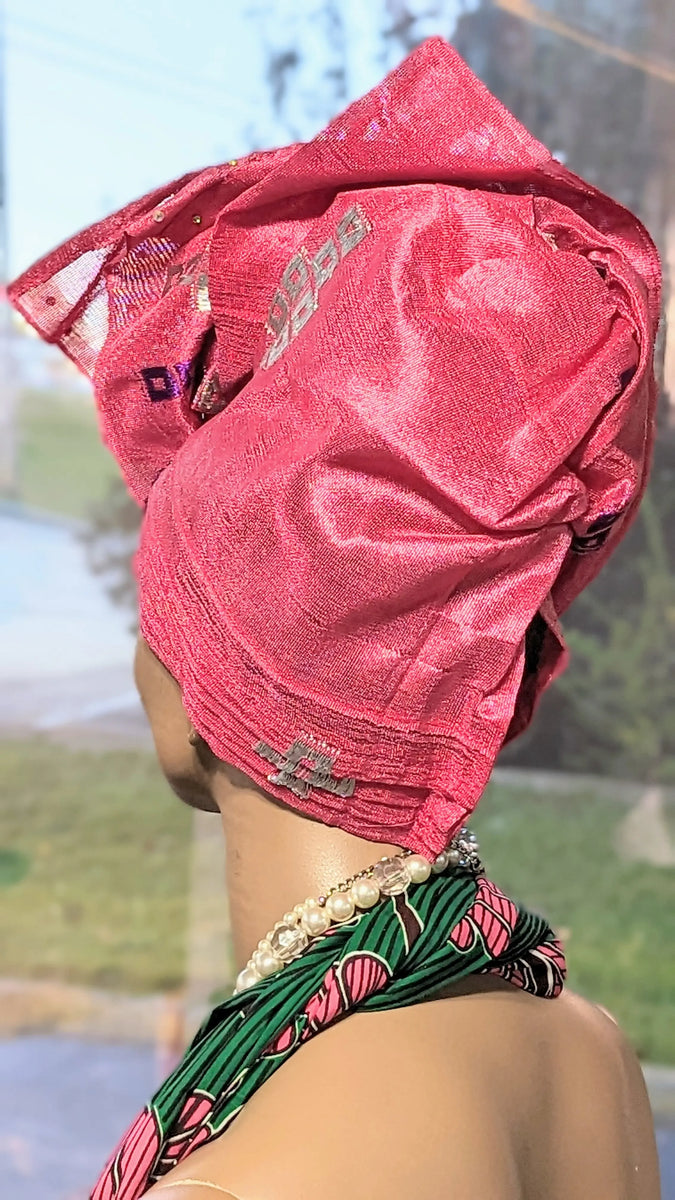 Oluremi Fuchsia-Pink Aso Oke African head tie Autogele pre-tied head w ...