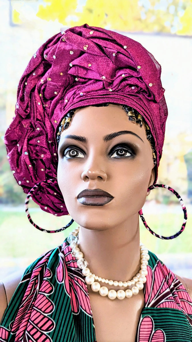 Deaveny Fuchsia Pink Aso Oke African Head Tie Autogele Pre-tied head w ...
