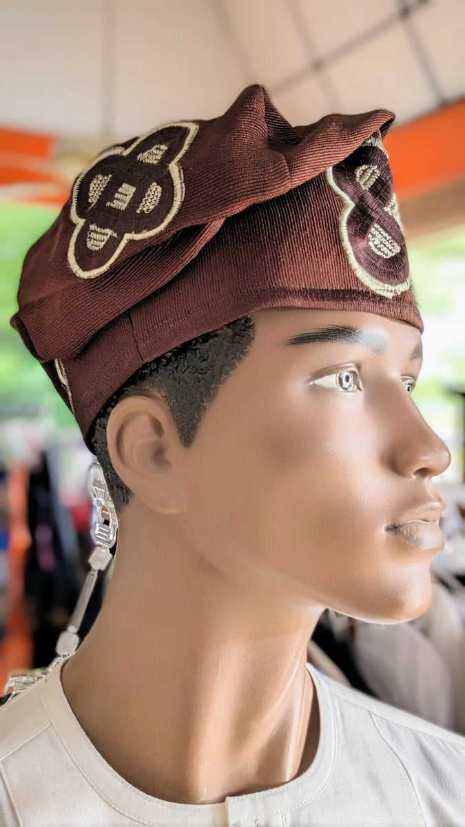 Dupsie's Ayo Fila Brown handwoven Aso Oke cap hat with cream beige emb ...