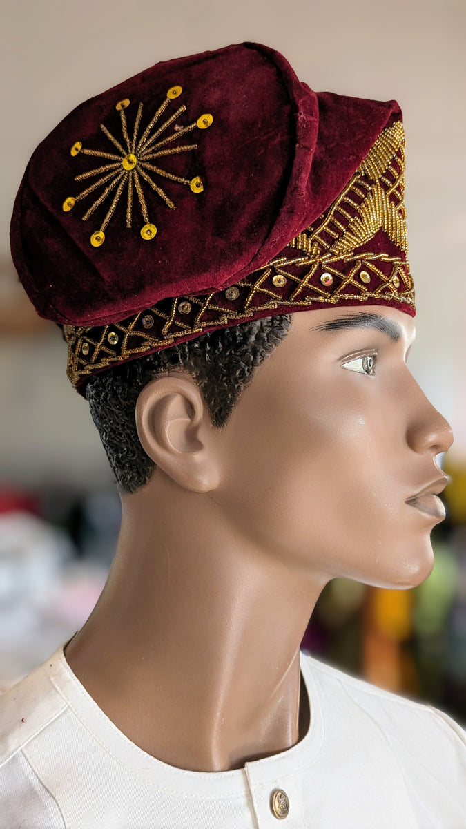Dupsie's Zamani Burgundy Velvet Fila Cap Kufi hat with Gold embroidery ...