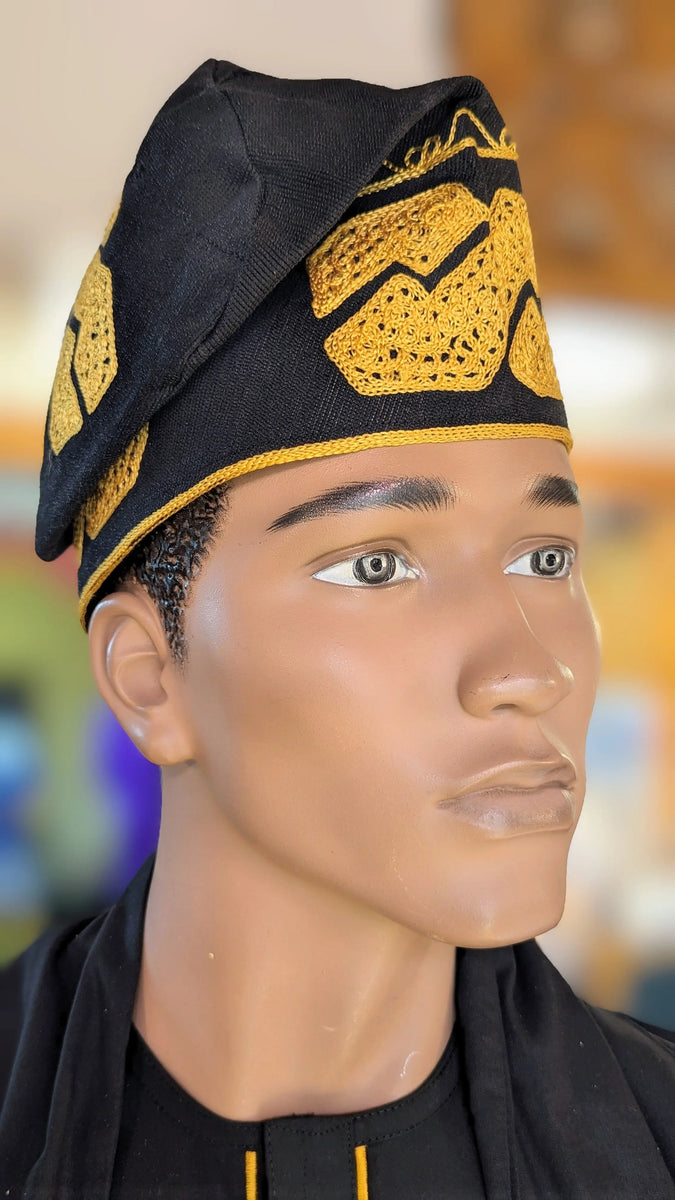 Dupsie's Akoko Black and Gold Embroidered Fila Cap Kufi Hat DPHABLGC44 ...