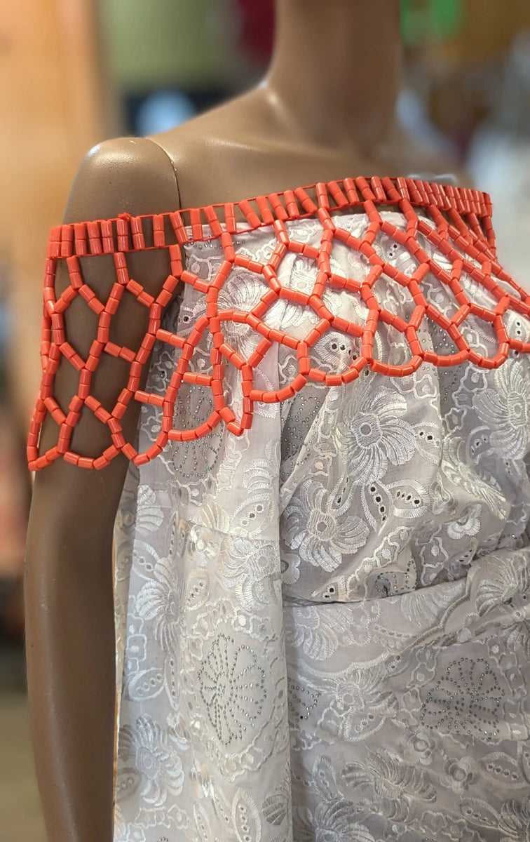 African Coral-Red Igbo Edo Sheer Bead Shoulder Shrug Blouse – Dupsie's ...