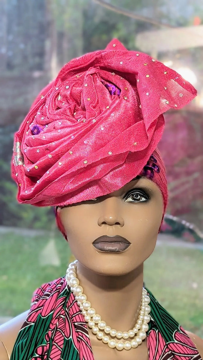 Oluremi Fuchsia-Pink Aso Oke African head tie Autogele pre-tied head w ...