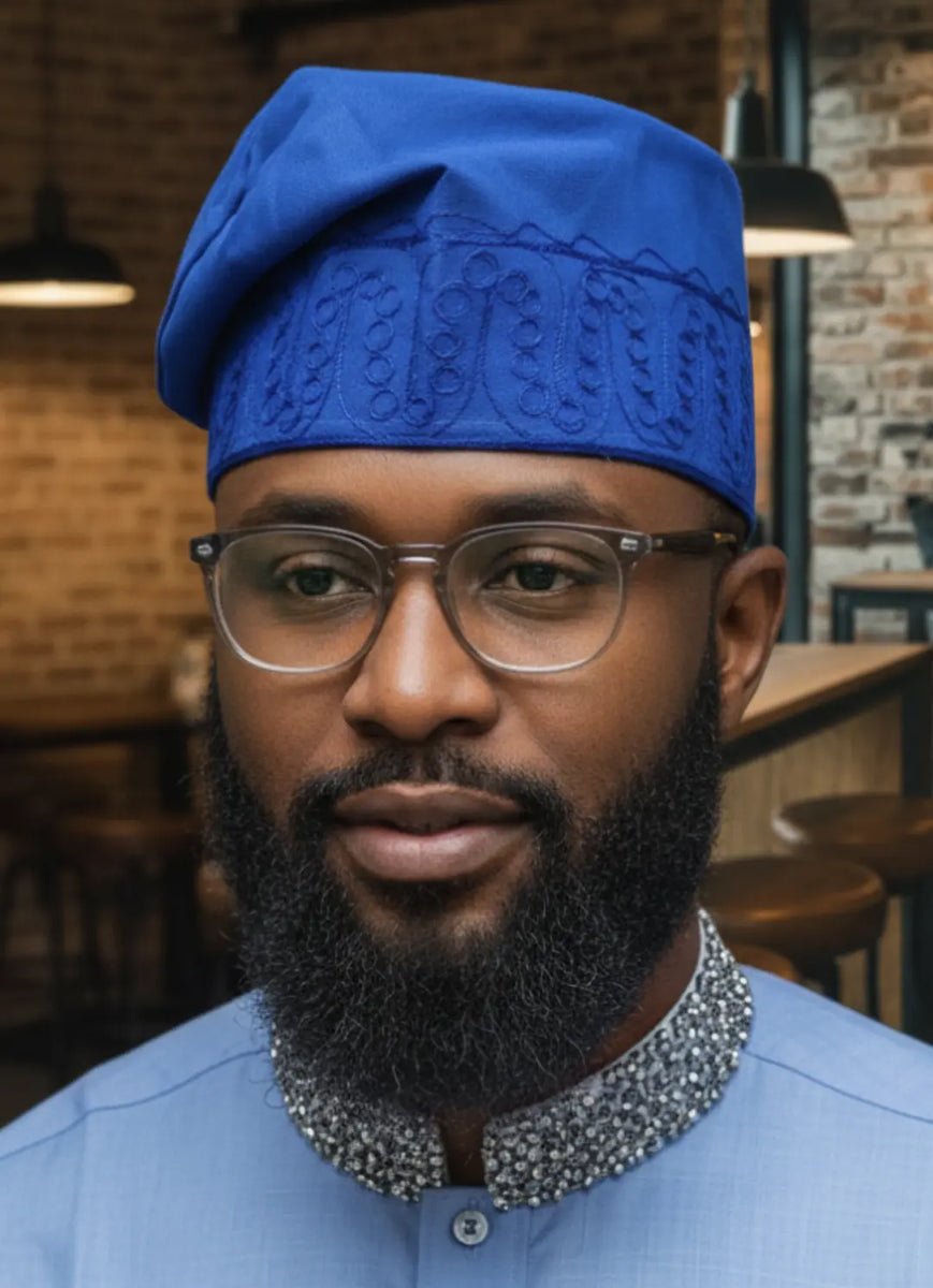 Hittu Embroidered Royal-Blue Adebo Fila Kufi Men’s Cap Hat – Handwoven ...