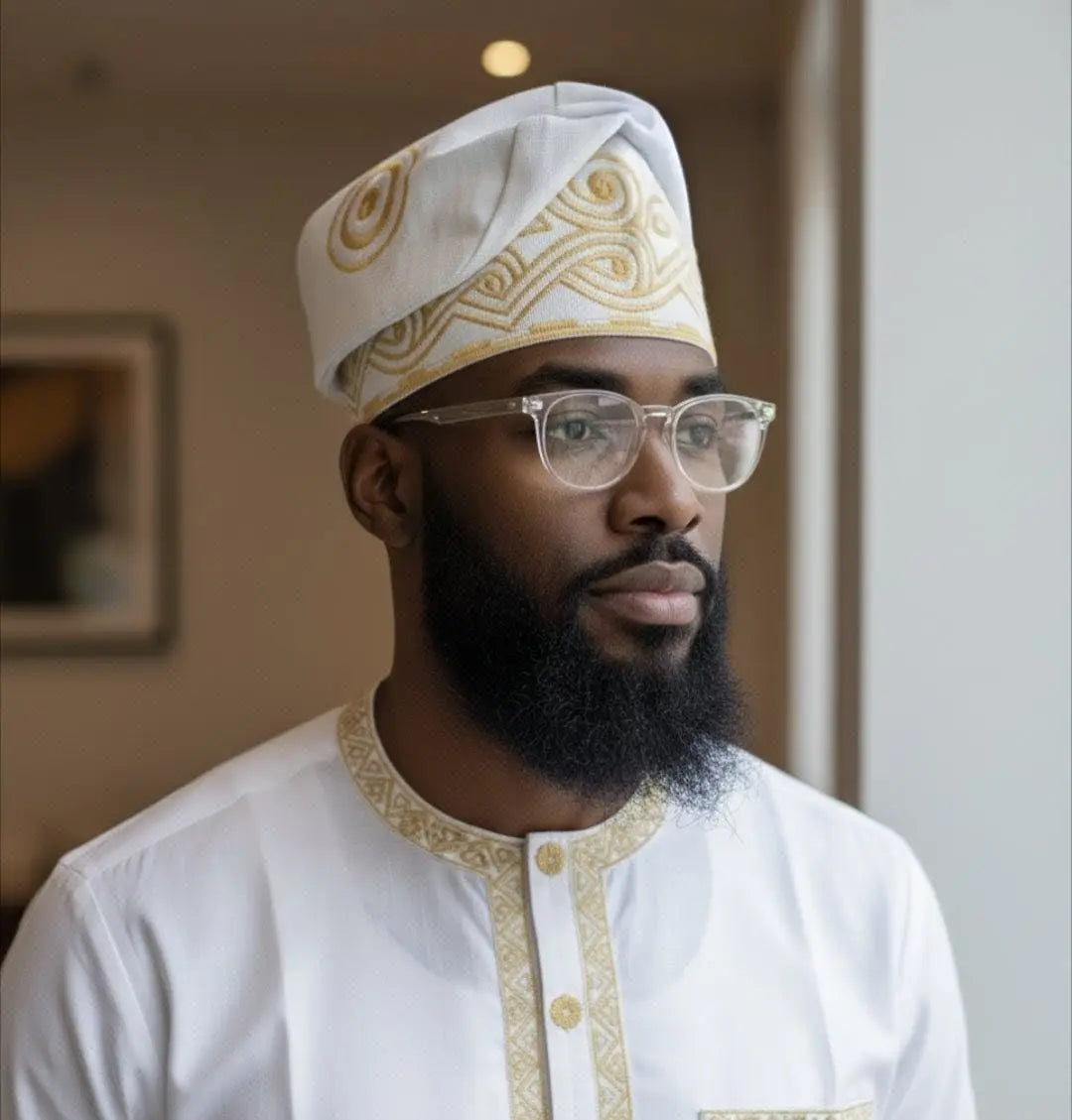 Osho White Handwoven Aso Oke Yoruba Fila Hat with Gold Patterns for Af ...