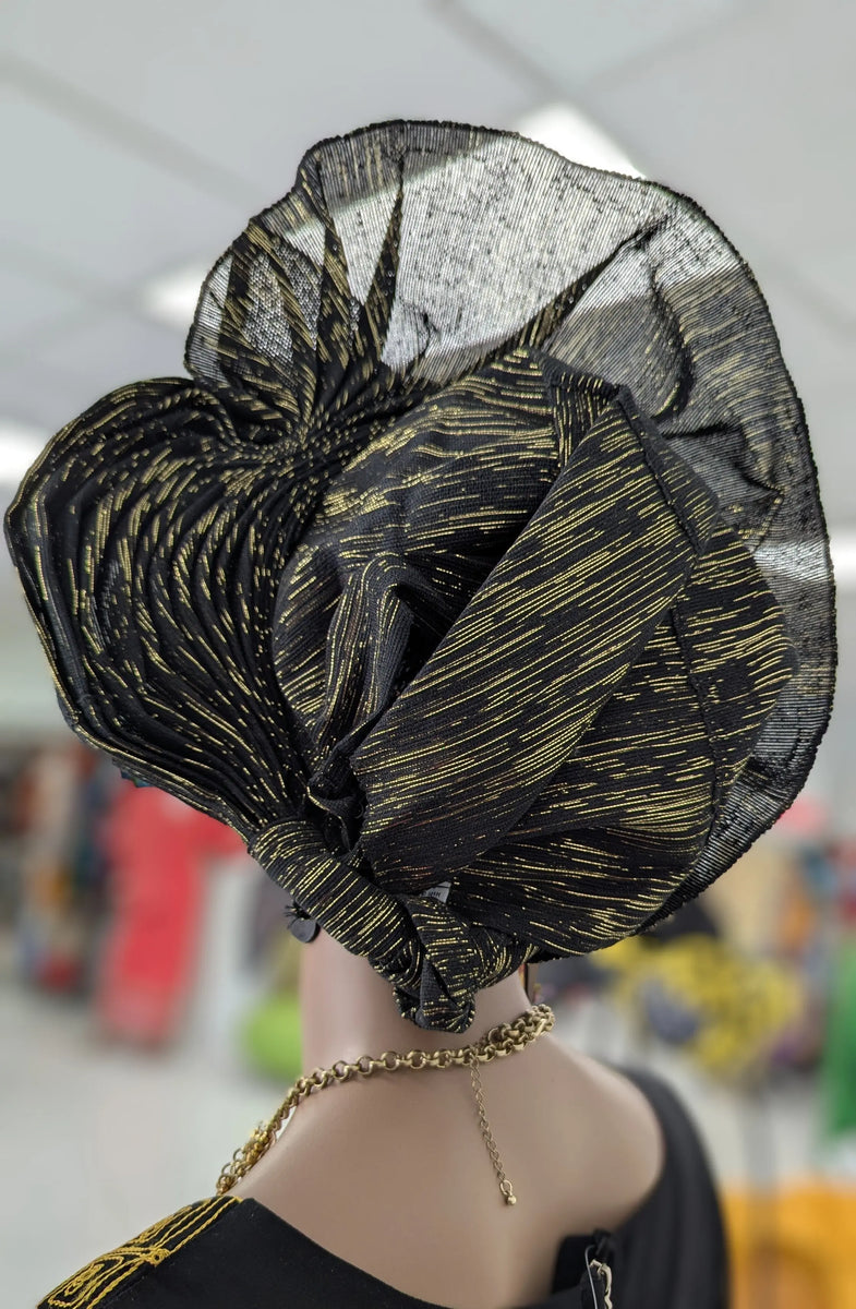 Simisola Black Gold Aso Oke Autogele — Pre‑Tied African Head Wrap DPAB ...