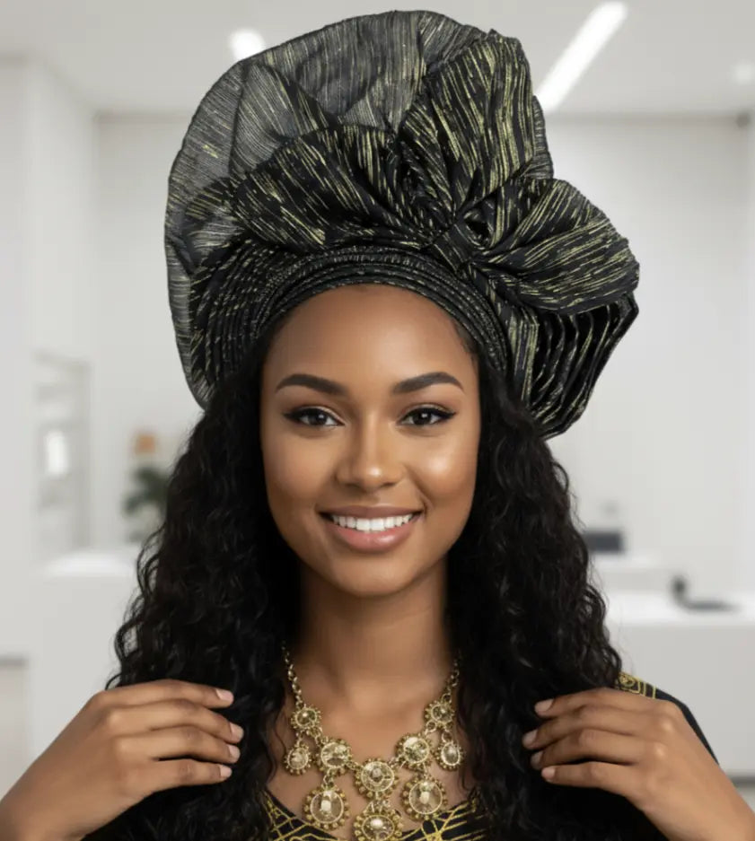 Simisola Black Gold Aso Oke Autogele — Pre‑Tied African Head Wrap DPAB ...