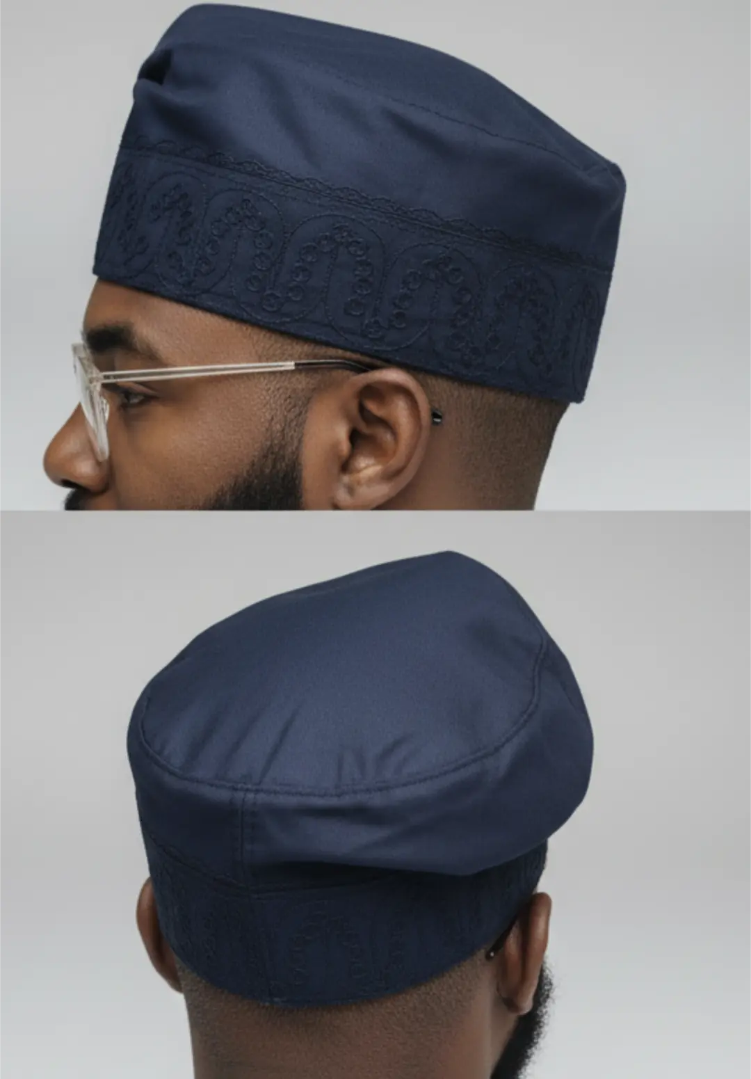 Dhare Embroidered Navy‑Blue Adebo Elastic Fila Kufi African Hat for Me ...