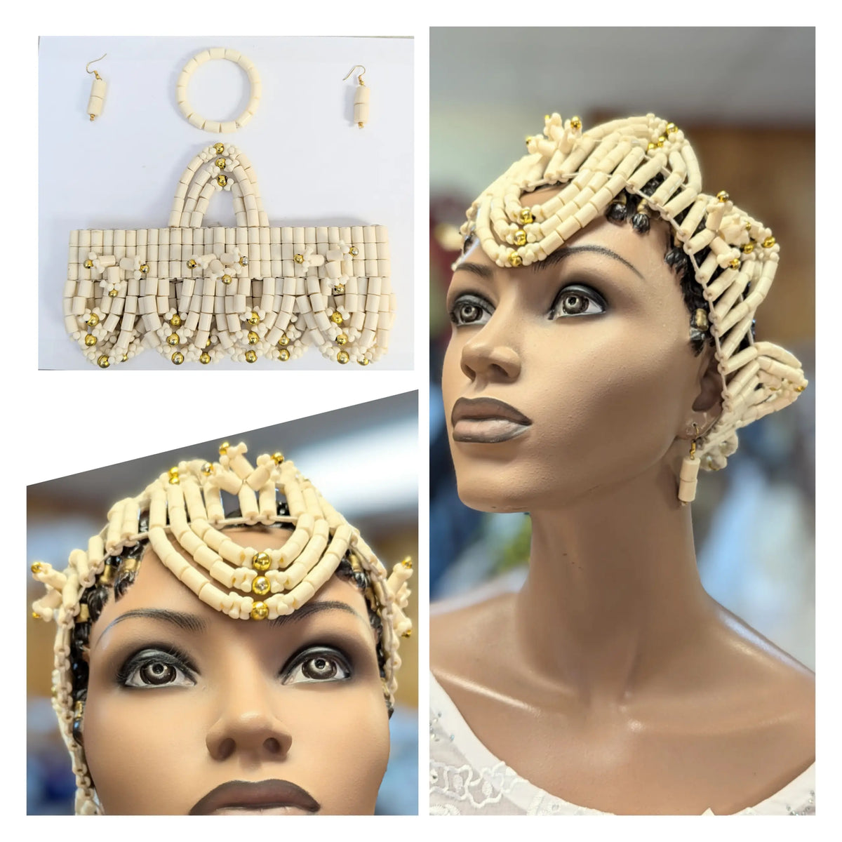 Kelechi Igbo Edo African Ivory and Gold Beaded Crown Set – Dupsie's ...