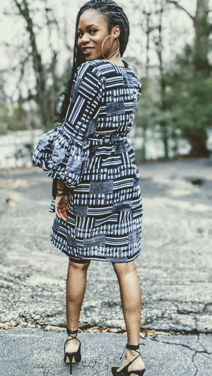 Emma Black White Kente African Print Wrap Dress-DPB0795PT – Dupsie's ...