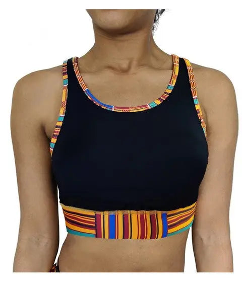 Washoge Alfina Black w- Kente African Print Sports Bra for Women ...